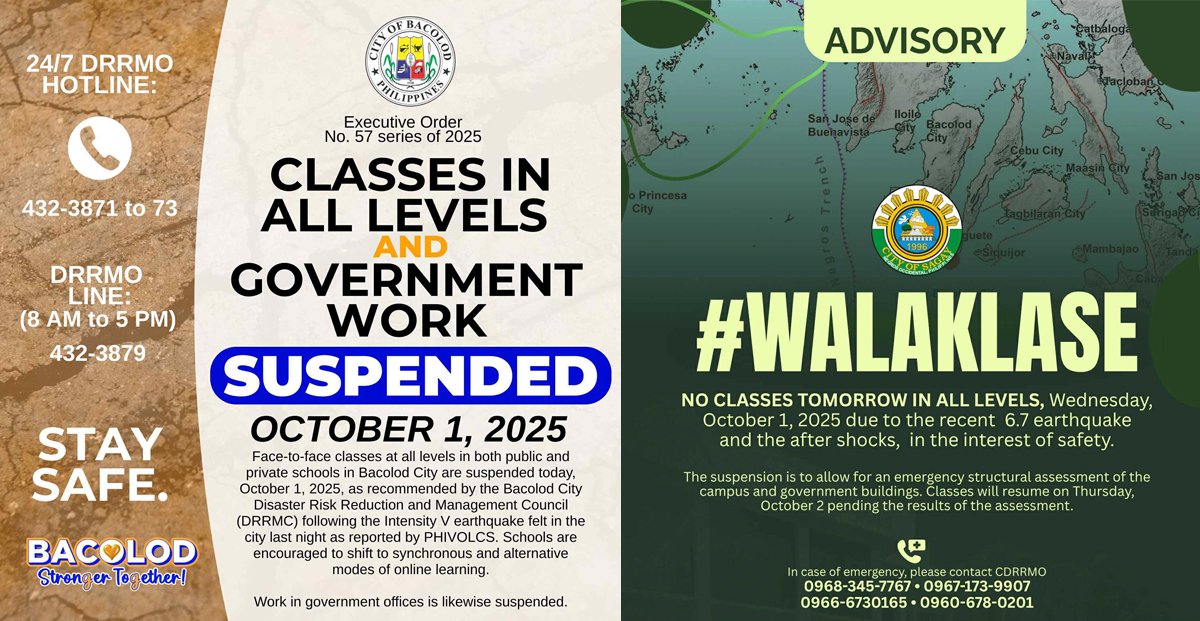 Classes in Bacolod, Negros Occ. suspended today due to quake